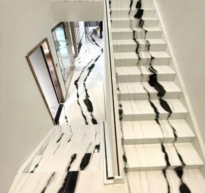 China Modern LED Light Follows Anti-Slip Panda White Marble Staircase Tiles Indoor Natural Panda White Stair Marble with Veins for sale