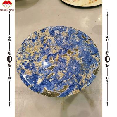 China Modern Calcite Marble Worktop Dining Table with Translucent Bolivian Blue Stone Basin for sale