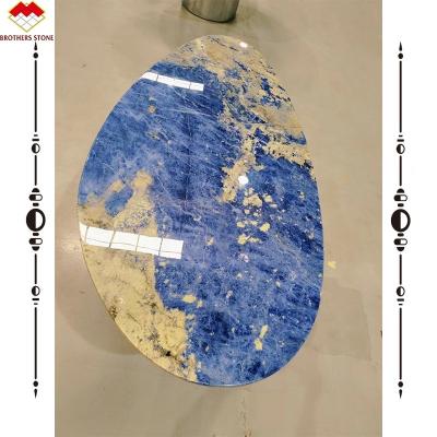 China Modern Calcite Marble Worktop Dining Table with Translucent Bolivian Blue Stone Basin for sale