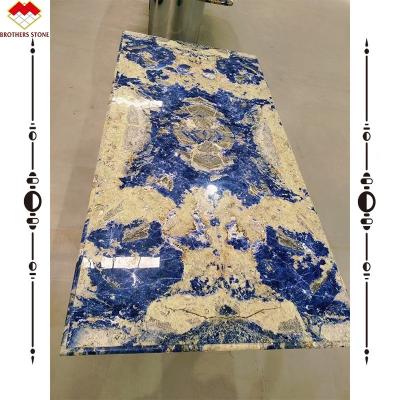 China Modern Calcite Marble Worktop Dining Table with Translucent Bolivian Blue Stone Basin for sale