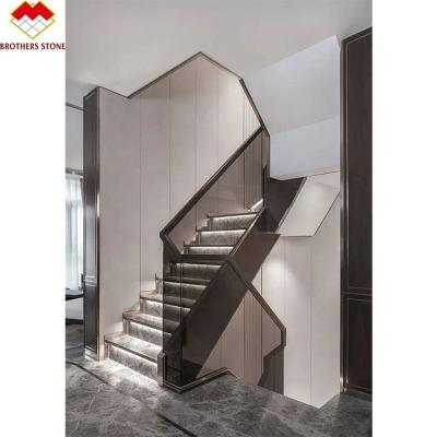 China Desenho Europeu Grãos Brancos Cinzentos Escadas esculpidas em mármore Trepadores e elevadores Estilo moderno Escalões interiores decorativos de aço reto à venda