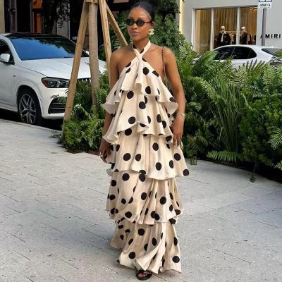 China Polka Dot Maxi Dress - Feminine Design Long Dress with Flowy Silhouette for sale