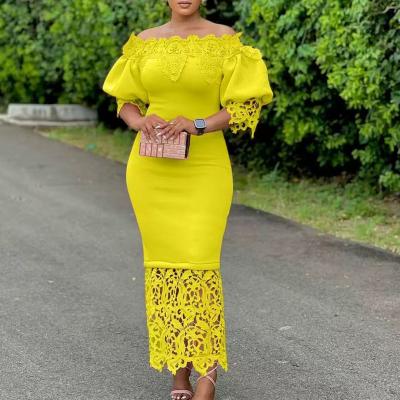 China African Style Off Shoulder Lace Neckline Puff Sleeves Midi Bodycon Party Dress with Stretch Fabric for sale