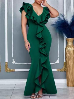 China Elegant Fitted Mermaid Gown with Ruffle V-Neck and Soft High-Quality Fabric for Weddings & Parties for sale