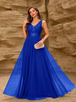 China Elegant Embroidered Tulle Evening Gown – Sleeveless Long Dress with V-neckline for Weddings & Proms for sale