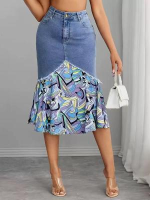 China Denim Patchwork Floral Midi Skirt with A-Line Silhouette and Soft Durable Fabric for sale