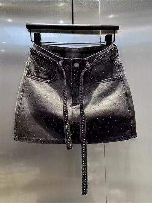 China Rhinestone Studded Denim Skirt – High-Waist Mini Skirt with Adjustable Belt for Women for sale