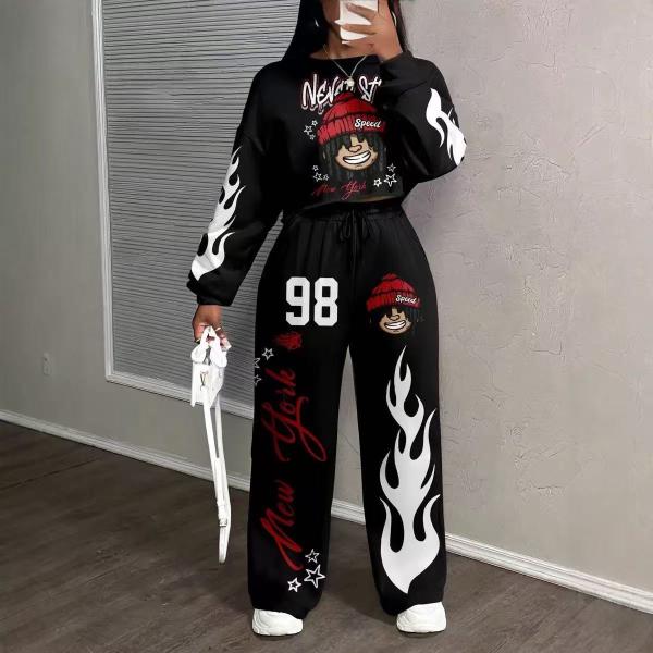 Quality Flame Print Cropped Sweatshirt & Jogger Set with Adjustable Drawstring Waist - for sale