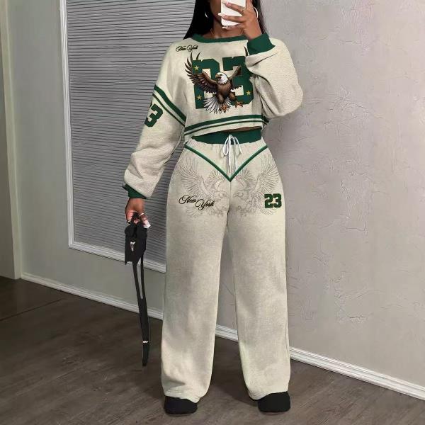 Quality Flame Print Cropped Sweatshirt & Jogger Set with Adjustable Drawstring Waist - for sale