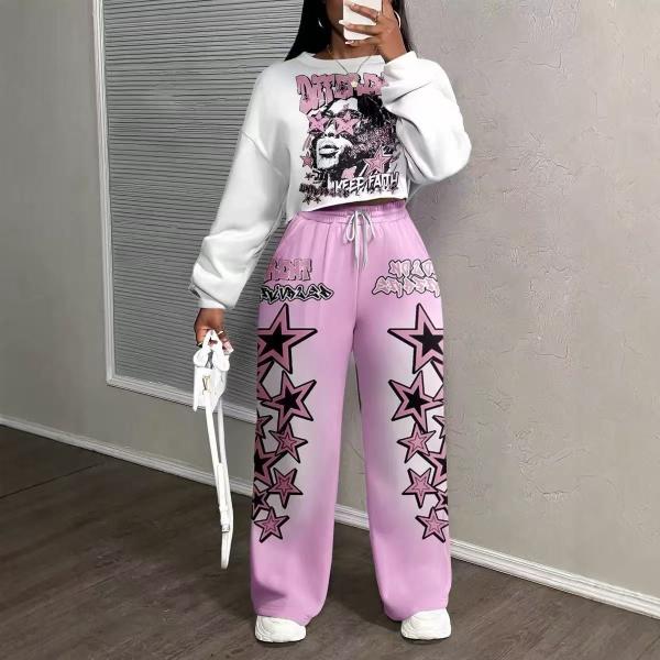 Quality Flame Print Cropped Sweatshirt & Jogger Set with Adjustable Drawstring Waist - for sale