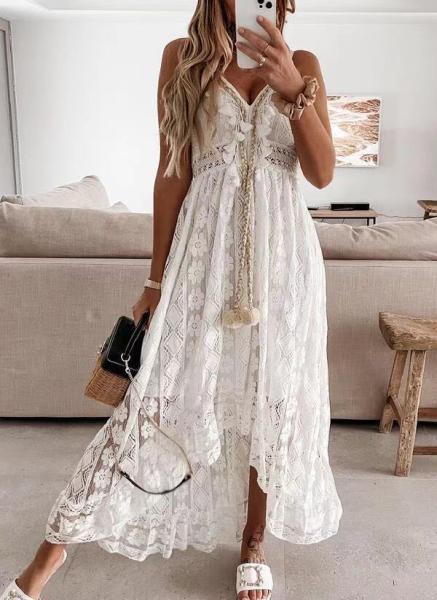 Quality Women's Bohemian V-Neck Lace Tiered Maxi Dress - Machine Washable for Everyday Wear for sale