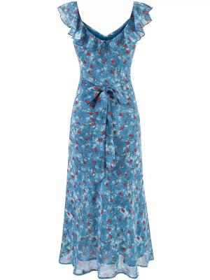 China Women's Floral Print V-Neck Maxi Dress with Ruffled Shoulder Straps for sale