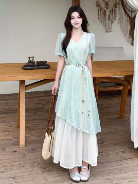 Quality Women's V-Neck Asymmetric Layered Maxi Dress - Machine Washable Cotton Casual Wear for sale