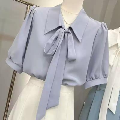 China Women's Lightweight Chiffon Blouse with Bow-Tie Neck and Layered Flutter Sleeve for sale