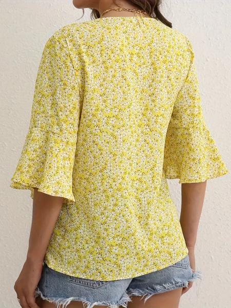 Quality Women's Floral Print V-Neck Flare-Sleeve Blouse - Lightweight Cotton Top for Summer for sale