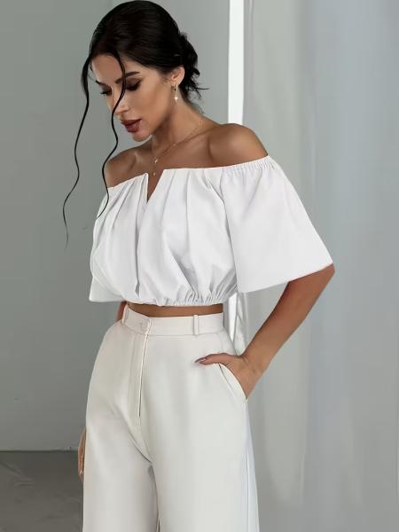 Quality Women's Off-Shoulder Elastic-Hem Cropped Blouse - Casual Summer Top with V-Neck for sale