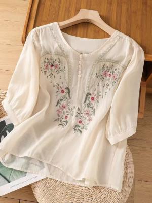 China Women's Floral Embroidered Lightweight Three-Quarter-Sleeve Blouse for Casual Wear for sale