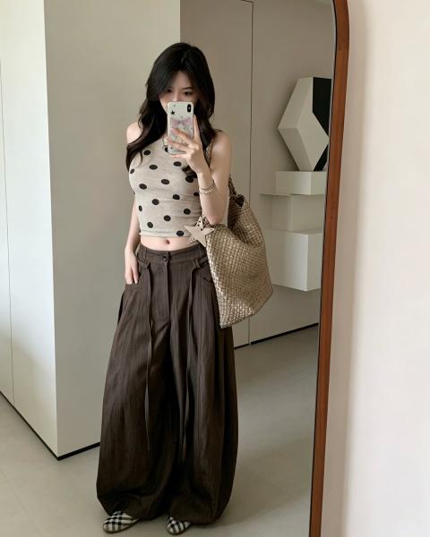 Quality Women’s Polka-Dot Crop Top and High-Waist Wide-Leg Pants Set - Machine Washable Coordinated Outfit for sale