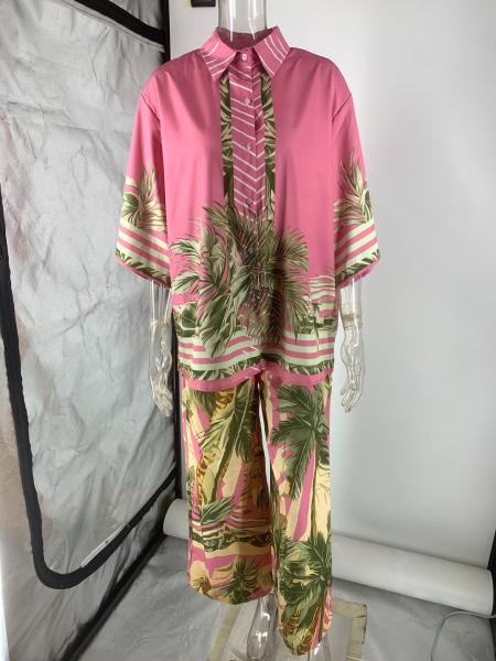 Quality Women’s Tropical Print Two-Piece Set with Wide-Leg Pants and Oversized Fit for sale