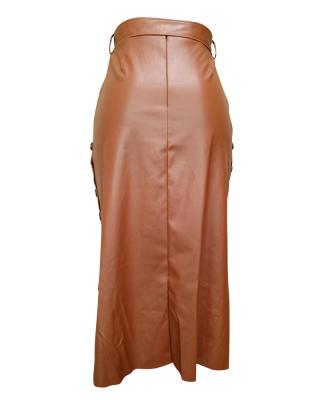 China Women's High-Waisted Faux Leather Midi Skirt with Side-Slit Design for sale