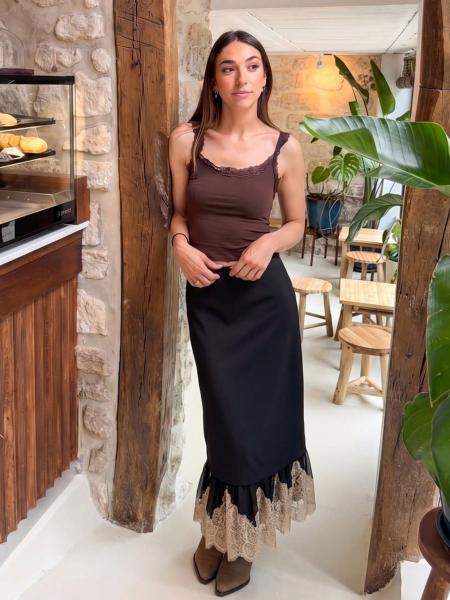 Quality Women's High Waist Midi Skirt with Flowing Style and Romantic Lace Hem for sale