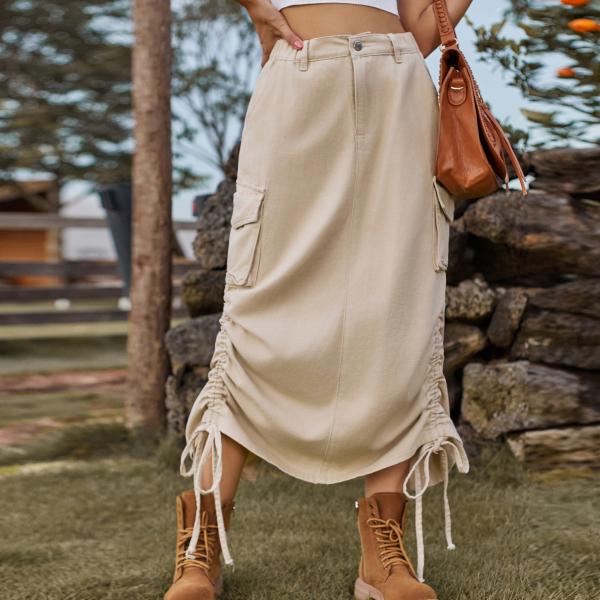 Quality Women's High-waist Lightweight Stretch Cargo Midi Skirt with Drawstring and Side Pockets for sale