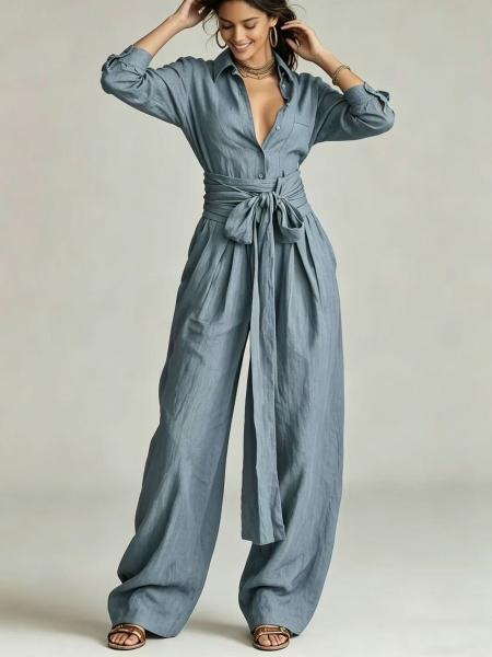 Quality Women's Long Sleeve Belted Wide Leg Jumpsuit with High-Waist and Adjustable Tie for sale