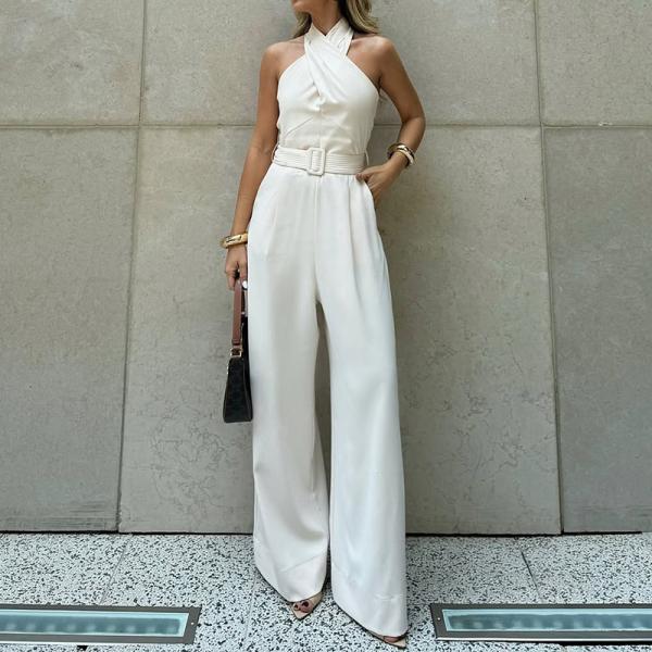 Quality Women’s Elegant Halter Neck Wide Leg Jumpsuit with Adjustable Studded Belt and Flowing Wide-Leg Design in Soft High-Quality Fabric for sale