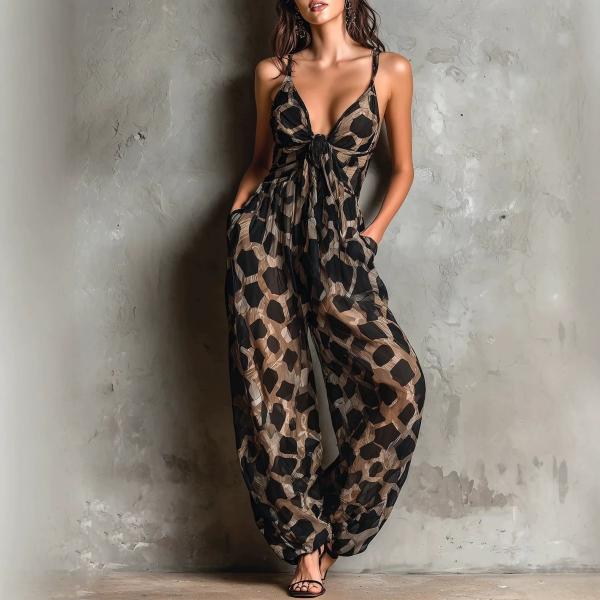 Quality Women’s Leopard Print Spaghetti Strap Loose Fit Jumpsuit with Pockets for sale