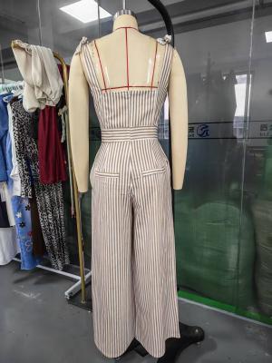 China Women's Striped Jumpsuit with Square Neckline Tie Shoulder Detail and Wide Leg Design for sale
