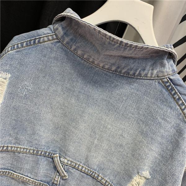 Quality Women's Distressed Cropped Denim Jacket with Puff Sleeves, Lace Hem, and Patchwork Design for sale