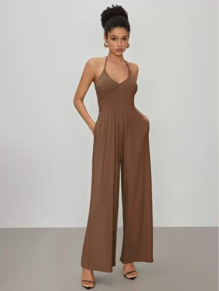 Quality Women's Ribbed Knit Wide Leg High Waist Jumpsuit - Elegant One-Piece for Casual and Party Wear for sale