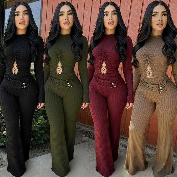 Quality Women's Ribbed Stretch Knit Jumpsuit with High Waist Fit and Long Sleeve Design for sale