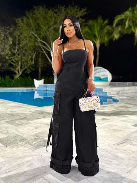 Quality Women's High-Waist Wide-Leg Cargo Pockets Jumpsuit Romper for Streetwear for sale