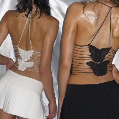 China Women’s Butterfly Lace Applique Mesh Camisole Top with Sheer Fabric and Adjustable Thin Straps for sale