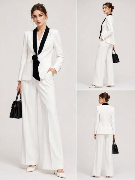 Quality Women’s Suit Set with Contrast Lapel Design and Shawl Collar Blazer Paired with High-Waisted Wide-Leg Pants for sale