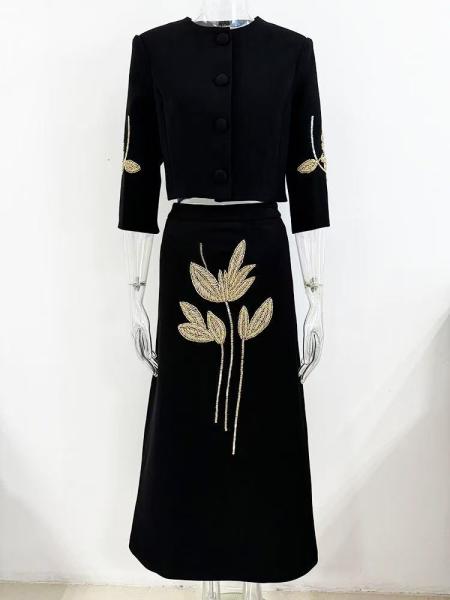 Quality Women's Embroidered Crop Jacket & Skirt Set with Golden Leaf Embroidery High for sale