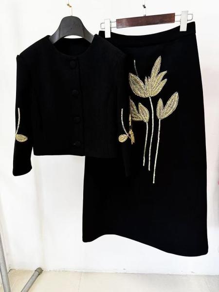 Quality Women's Embroidered Crop Jacket & Skirt Set with Golden Leaf Embroidery High for sale