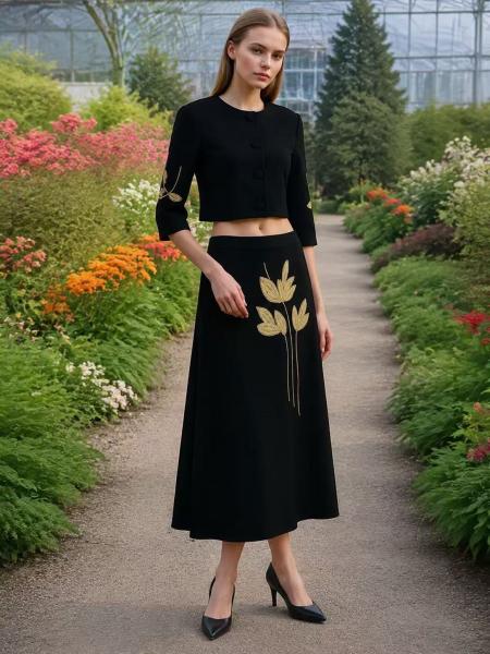 Quality Women's Embroidered Crop Jacket & Skirt Set with Golden Leaf Embroidery High for sale