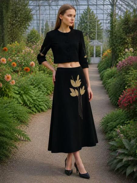 Quality Women's Embroidered Crop Jacket & Skirt Set with Golden Leaf Embroidery High for sale