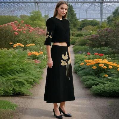 China Women's Embroidered Crop Jacket & Skirt Set with Golden Leaf Embroidery High-Waisted Skirt and Polyester Blend Fabric for sale
