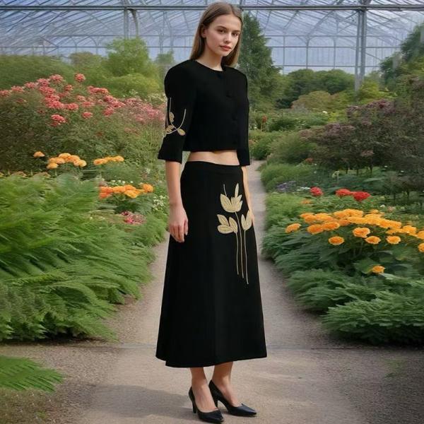Quality Women's Embroidered Crop Jacket & Skirt Set with Golden Leaf Embroidery High-Waisted Skirt and Polyester Blend Fabric for sale