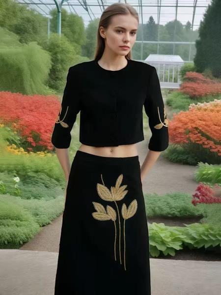 Quality Women's Embroidered Crop Jacket & Skirt Set with Golden Leaf Embroidery High for sale