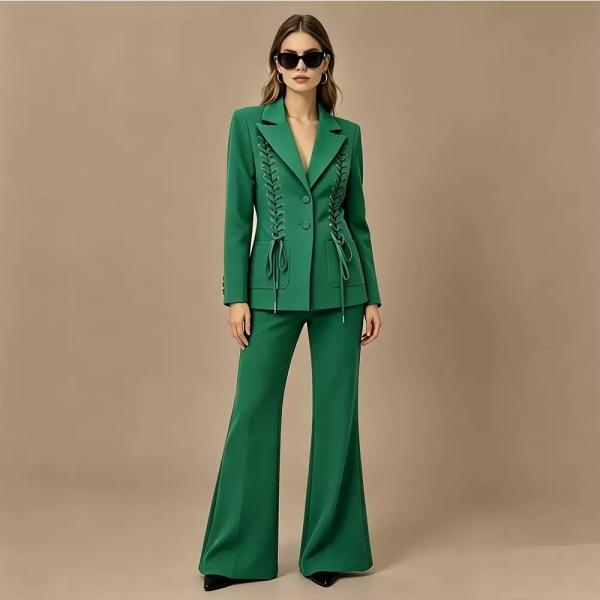 Quality Women’s Suit Set with Lace-Up Detail Structured Blazer and High-Waisted Wide-Leg Pants for sale