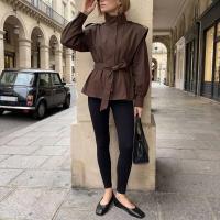 Quality Women's Belted Stand Collar Jacket with Adjustable Waist Belt Long Puff Sleeves for sale