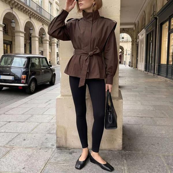 Quality Women's Belted Stand Collar Jacket with Adjustable Waist Belt Long Puff Sleeves and Flared Peplum Silhouette for sale