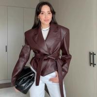 Quality Women's Premium Faux Leather Blazer Jacket with Adjustable Waist Belt and Long for sale