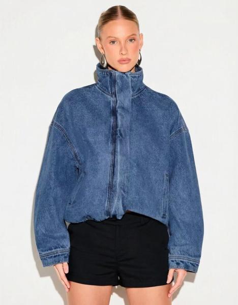 Quality Women's Premium Denim Bomber Jacket with High Stand Collar and Oversized Relaxed Fit for sale