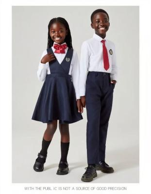 China Coordinated Boys' and Girls' School Uniform Set with Classic Navy, White and Red Color Scheme and Long Sleeve Button-Up Shirts for sale