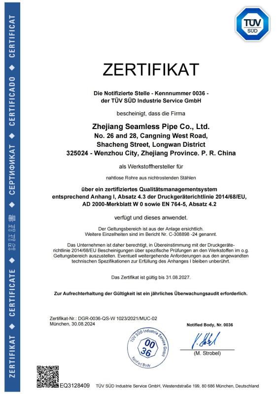 PED / AD 2000 - Zhejiang Seamless Pipe Co., Ltd.